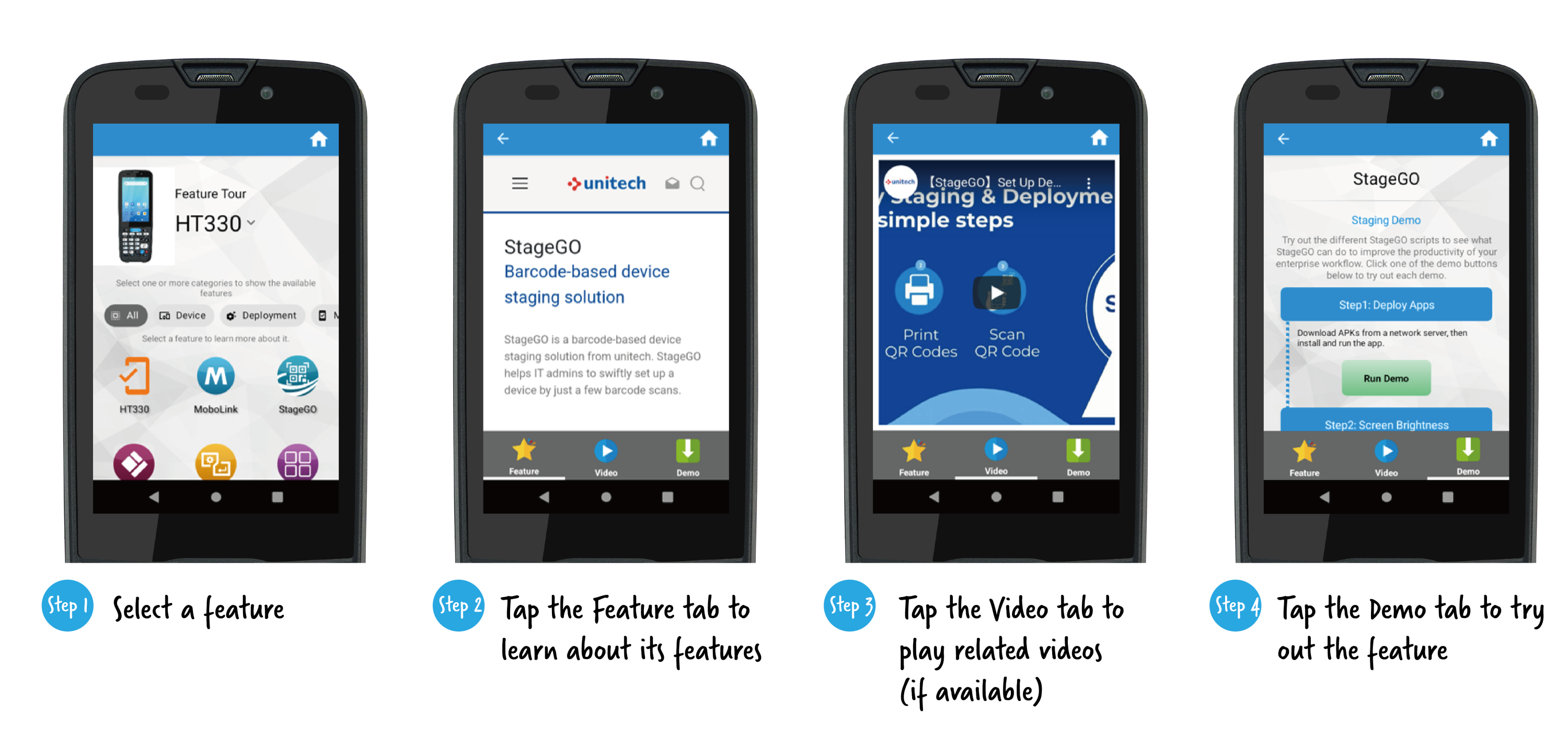 Showcase Helps you to get familiar with the hardware and software features on your Unitech ...